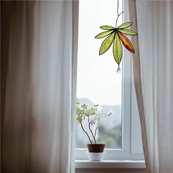 Accents | Stained Glass Green Leaves Window Hanging Suncatcher Handmade ...